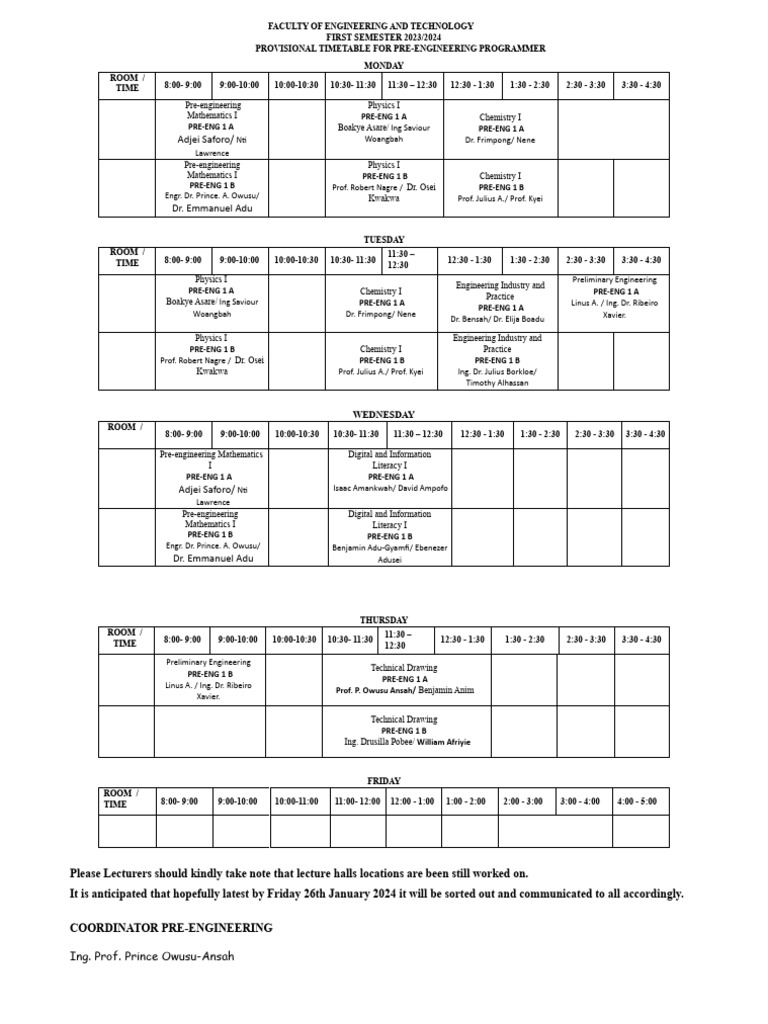 PRE- ENGINEERING TIME TABLE | PDF | Physical Sciences | Natural Sciences