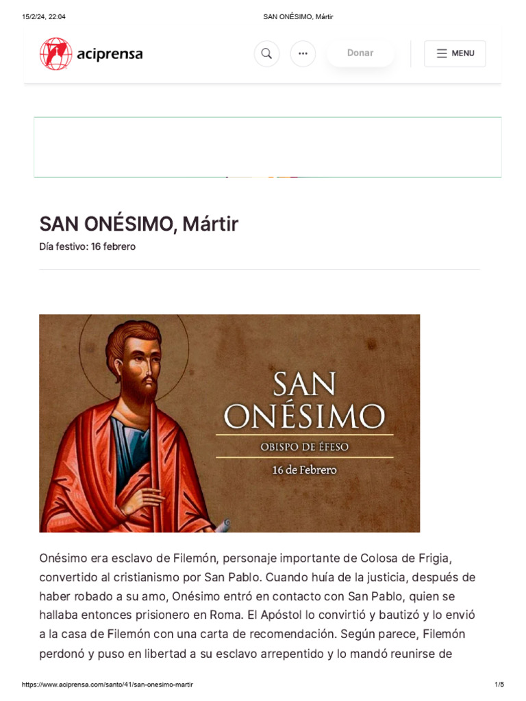 SAN ONÉSIMO, Mártir | PDF | Pablo el apóstol | Papa Francisco