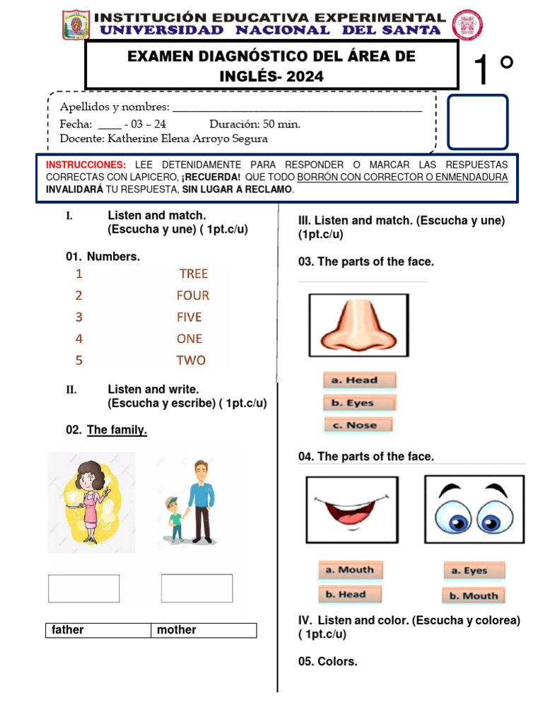 1° - EXAMEN DIAGNÓSTICO DE Ingles 1er Grado Prim | PDF | Artes del ...