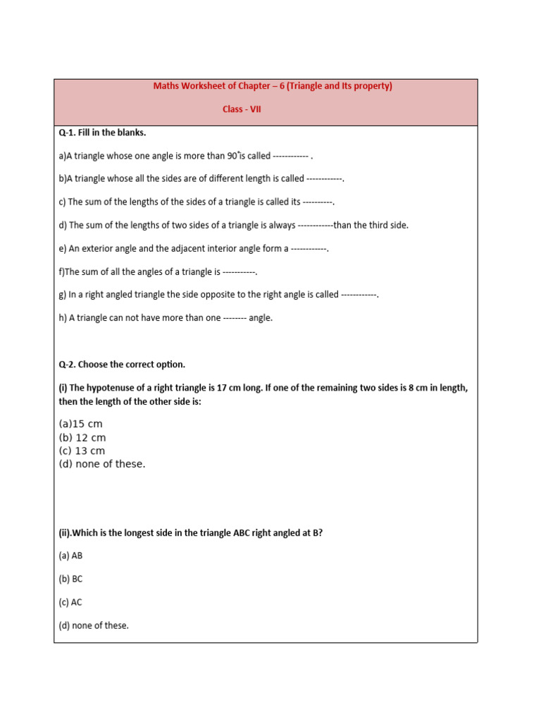 Class - VII: Maths Worksheet of Chapter - 6 (Triangle and Its Property ...