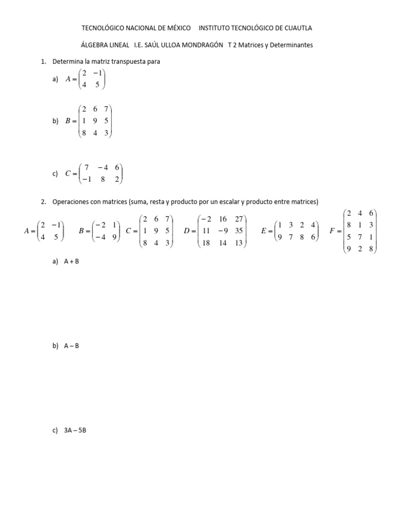 Álgebra Lineal: Matrices y Determinantes | PDF | Matriz (Matemáticas ...