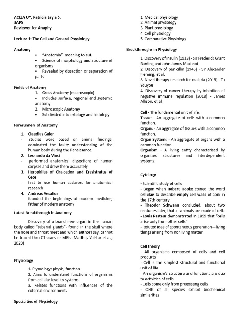 Lecture 1 ANAPHY Notes | Download Free PDF | Cell Membrane ...