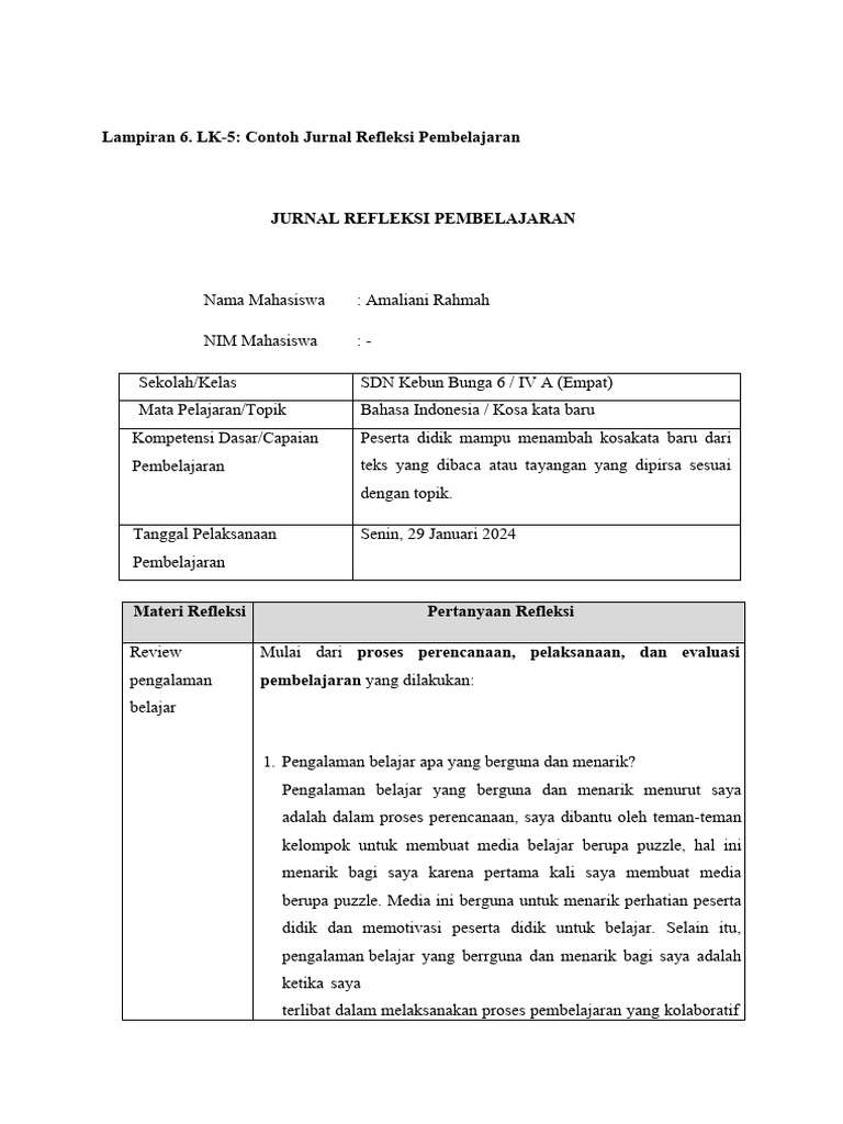 Contoh Jurnal Refleksi Pembelajaran | PDF