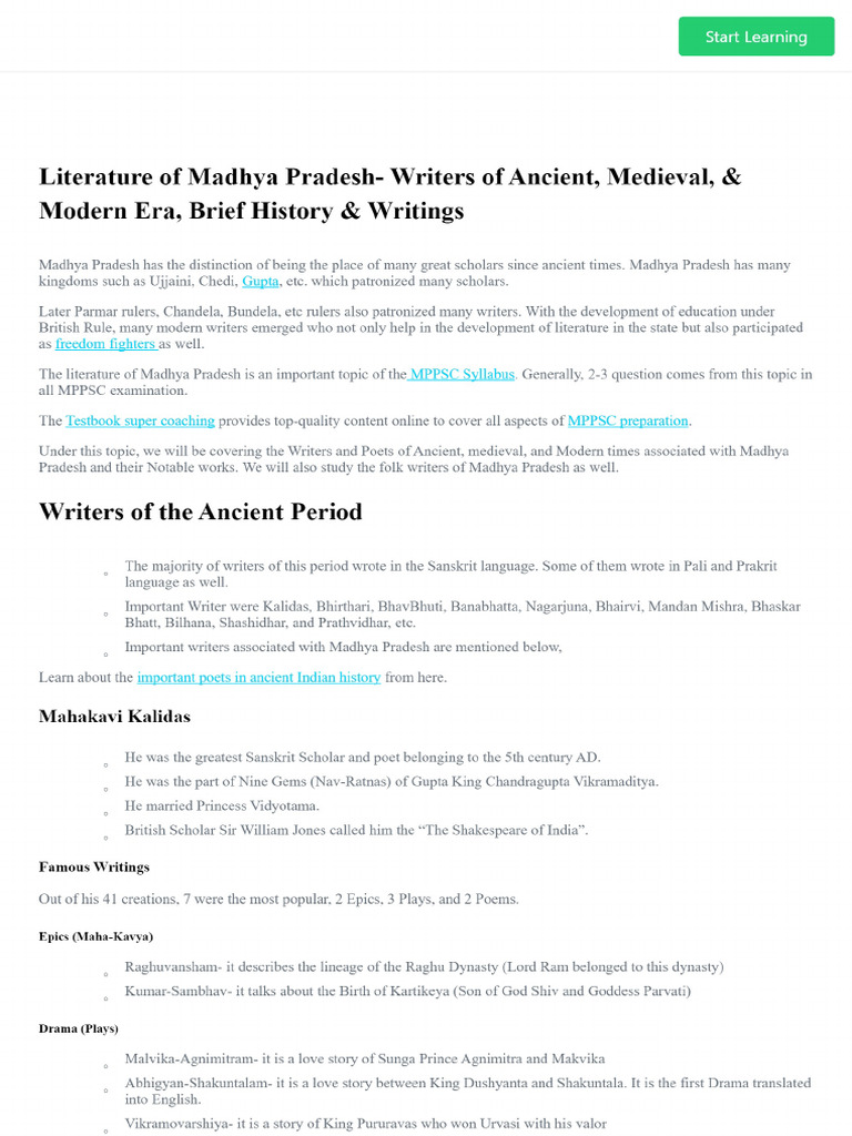 Literature of Madhya Pradesh Writers Brief History Work 1 1a9027e7 | PDF