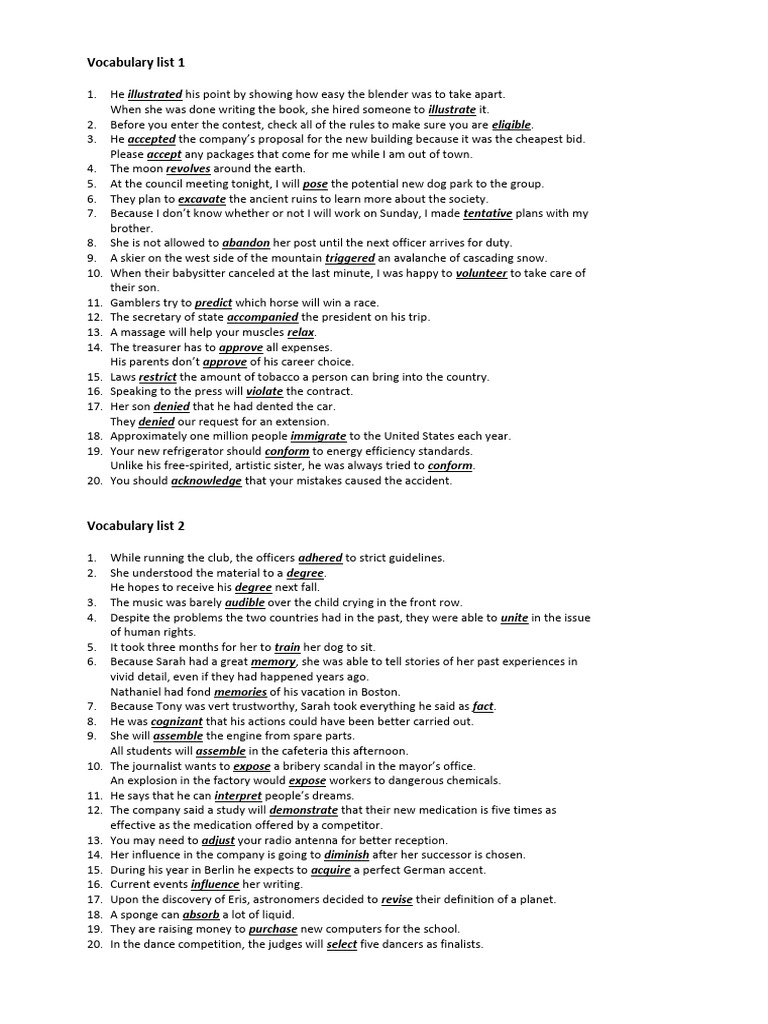 Vocabulary List 1,2,3,4 | PDF