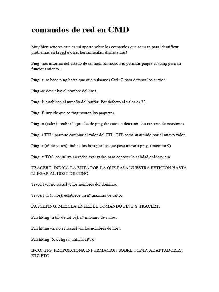 Comandos de Red en CMD | PDF | Dirección IP | Red de arquitectura Comandos de Red en CMD | PDF | Dirección IP | Red de arquitectura