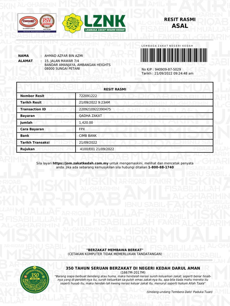 Resit - Bayaran - Online (Zakat 6.2021 - 5.2022) | PDF