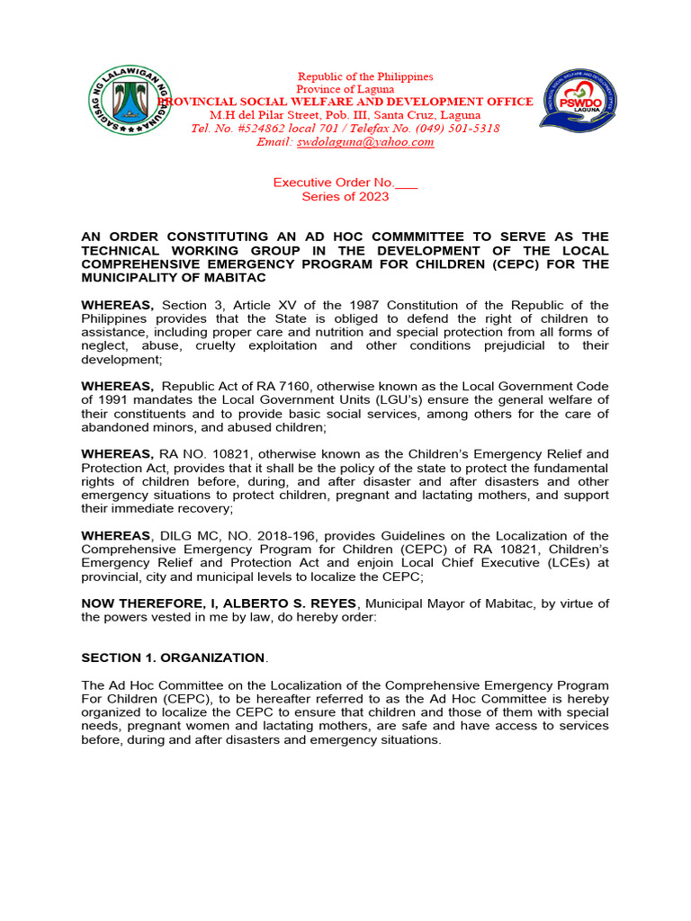 Executive Order On Adhoc Cepc | PDF | Emergency Management | Government