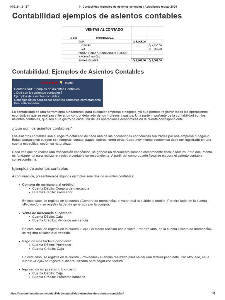 Contabilidad Ejemplos de Asientos Contables - Actualizado Marzo 2024 | PDF | Contabilidad ...