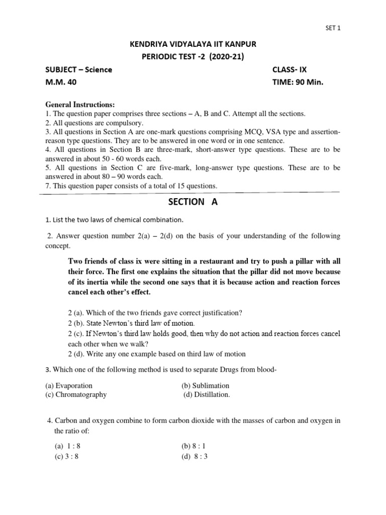 Class 9 Periodic Test2 (2020-21) Set1 | PDF | Water | Force