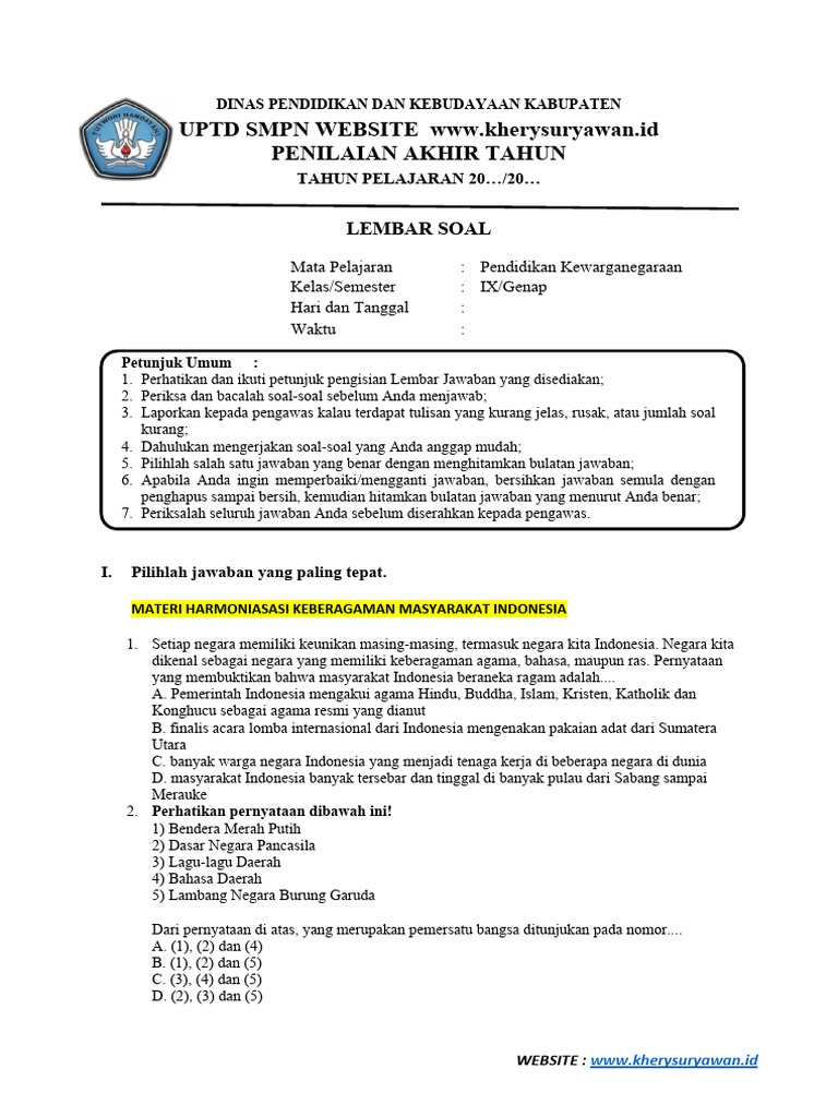 Soal PTS PPKN Kelas 9 K13 | PDF