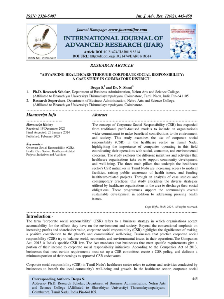 Advancing Healthcare Through Corporate Social Responsibility: A Case ...