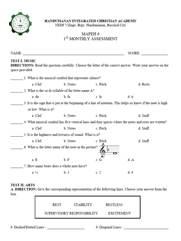 1ST MONTHLY - MAPEH 6 (10 Copies) | PDF | Clef | Musical Notation