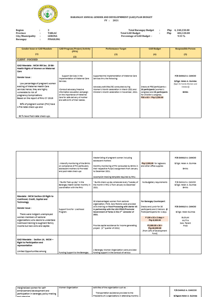 Pinasling Barangay Annual Gender and Developmment 2021 | PDF