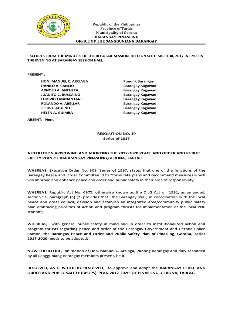 PINASLING Adoption of BPOPS 2017-2020 | PDF | Justice | Crime & Violence