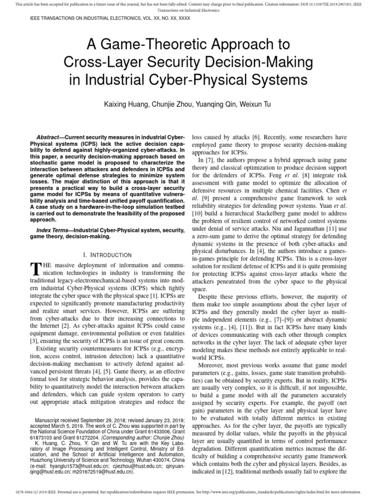 A Game-Theoretic Approach To Cross-Layer Security Decision-Making in Industrial Cyber-Physical ...