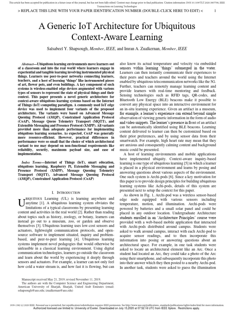 A Generic IoT Architecture for Ubiquitous Context-Aware Learning | PDF | Computer Science ...