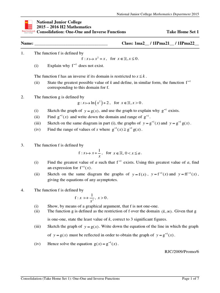 Set 1 (One-One and Inverse Functions) | PDF