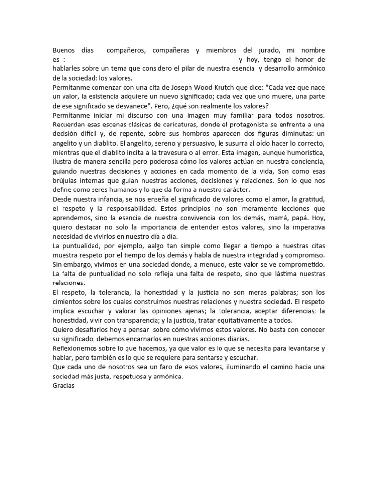 Discurso Oratoria Los Valores | PDF | Tolerancia | Justicia