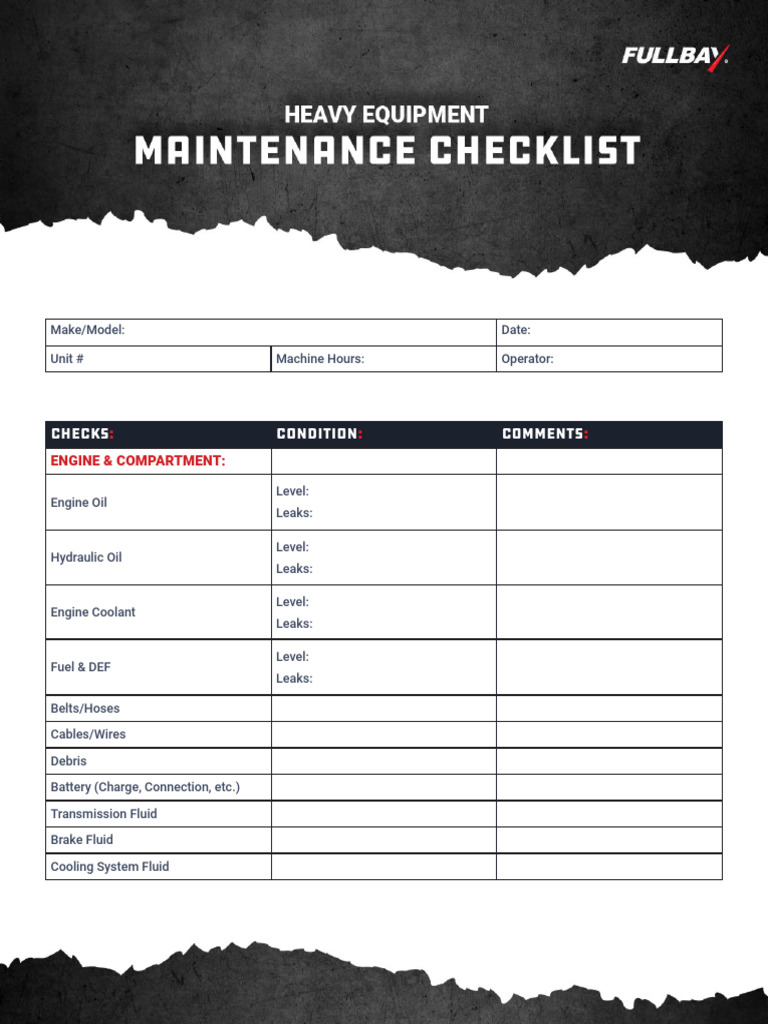 Heavy Equipment Maintenance Checklist | PDF