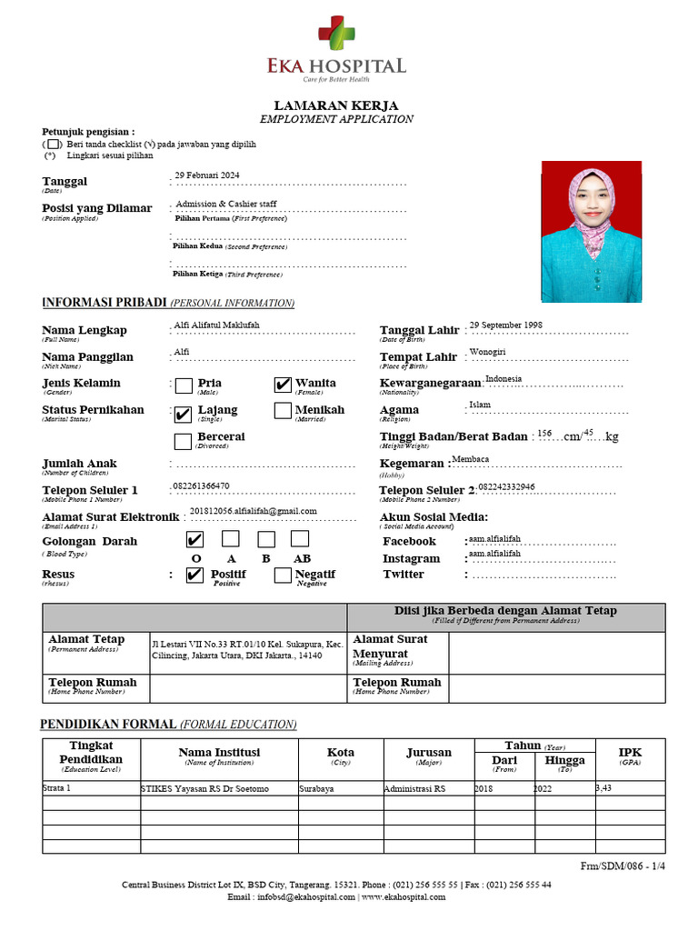 Application Form - Eka Hospital | PDF