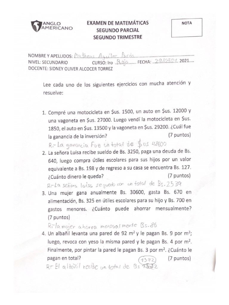 Examen de Matemáticas | PDF