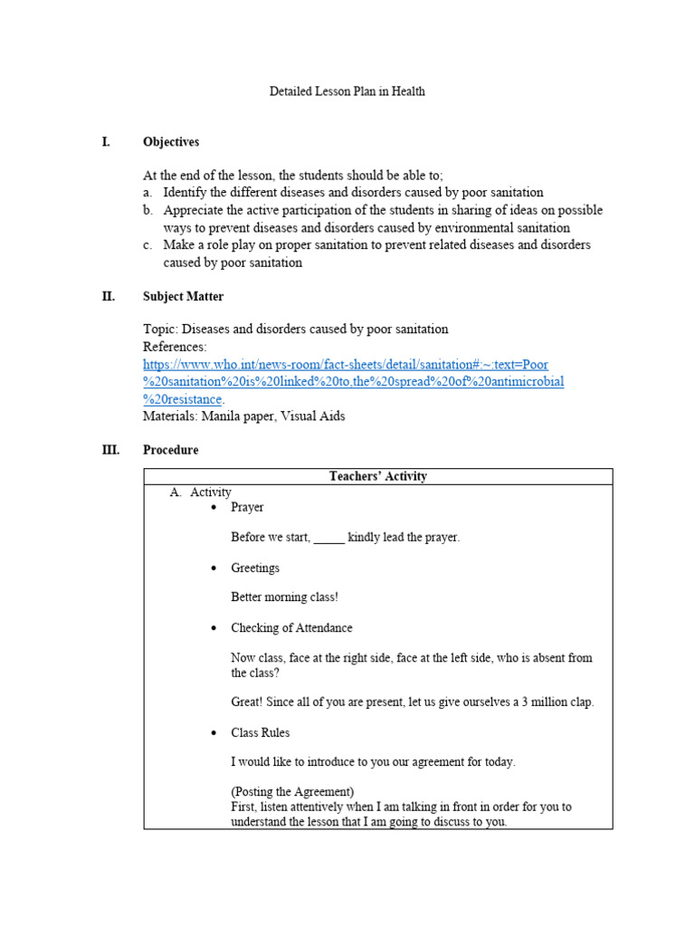 Lesson Plan on Sanitation and Health | PDF | Gastrointestinal Tract ...