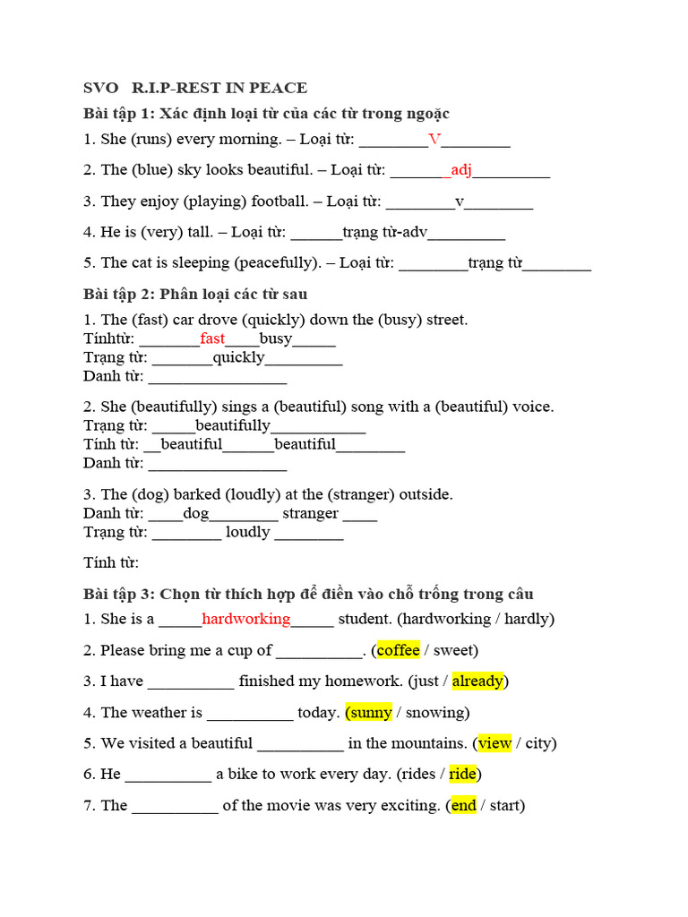 bài tập N V Adj | PDF