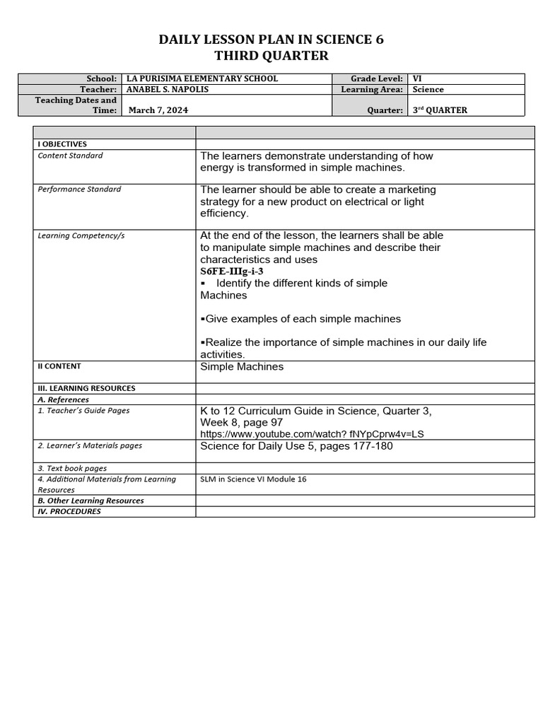 DLP Science-6 Q3 Simple-Machines-1 | PDF | Technology & Engineering