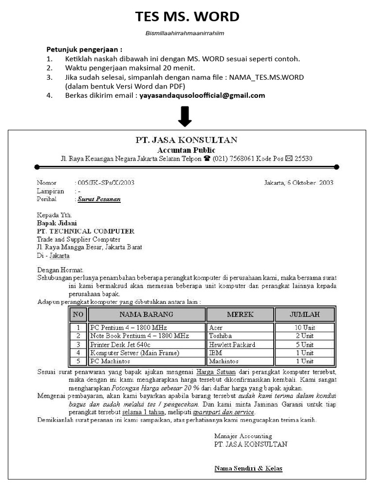 SOAL PRAKTIK DAN LEMBAR PENILAIAN TES MS. OFFICE | PDF