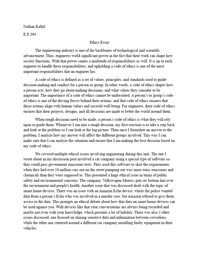 Nathan Kallal - Ethics Essay | PDF | Integrity | Disciplines