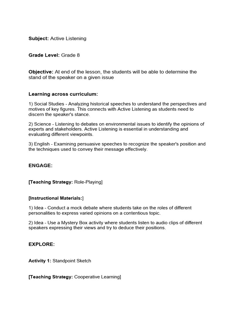 Active Listening Strategies for Grade 8 | PDF | Learning | Critical ...