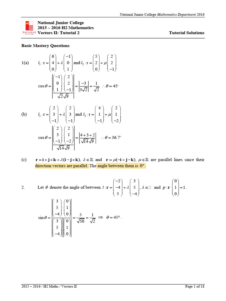 Vectors II Tutorial 2 Solutions | PDF | Perpendicular | Equations