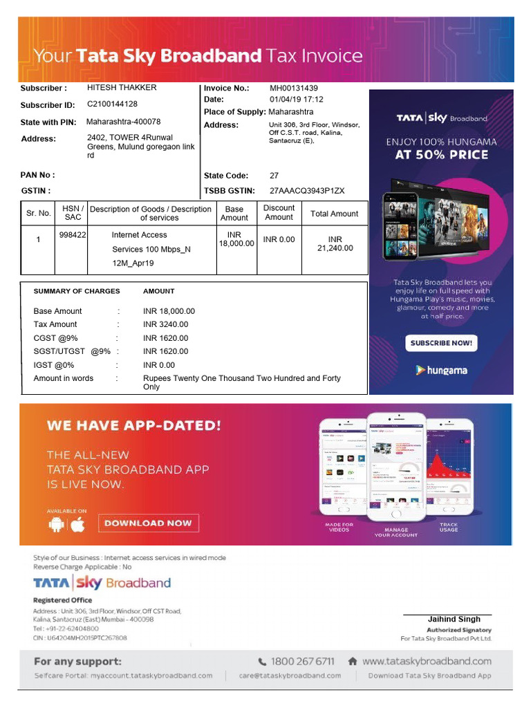 FInal Tata Sky Broadband Invoice | PDF