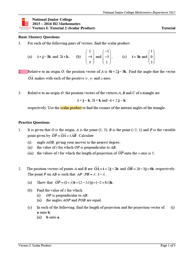 Vectors I Tutorial 2 | PDF | Euclidean Vector | Perpendicular