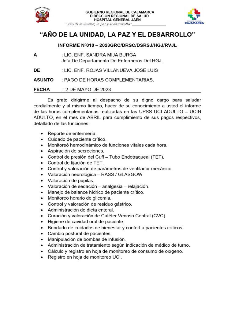 Informe Horas Complementarias Abril 2023 | PDF | Hospital | Cuidado de la salud