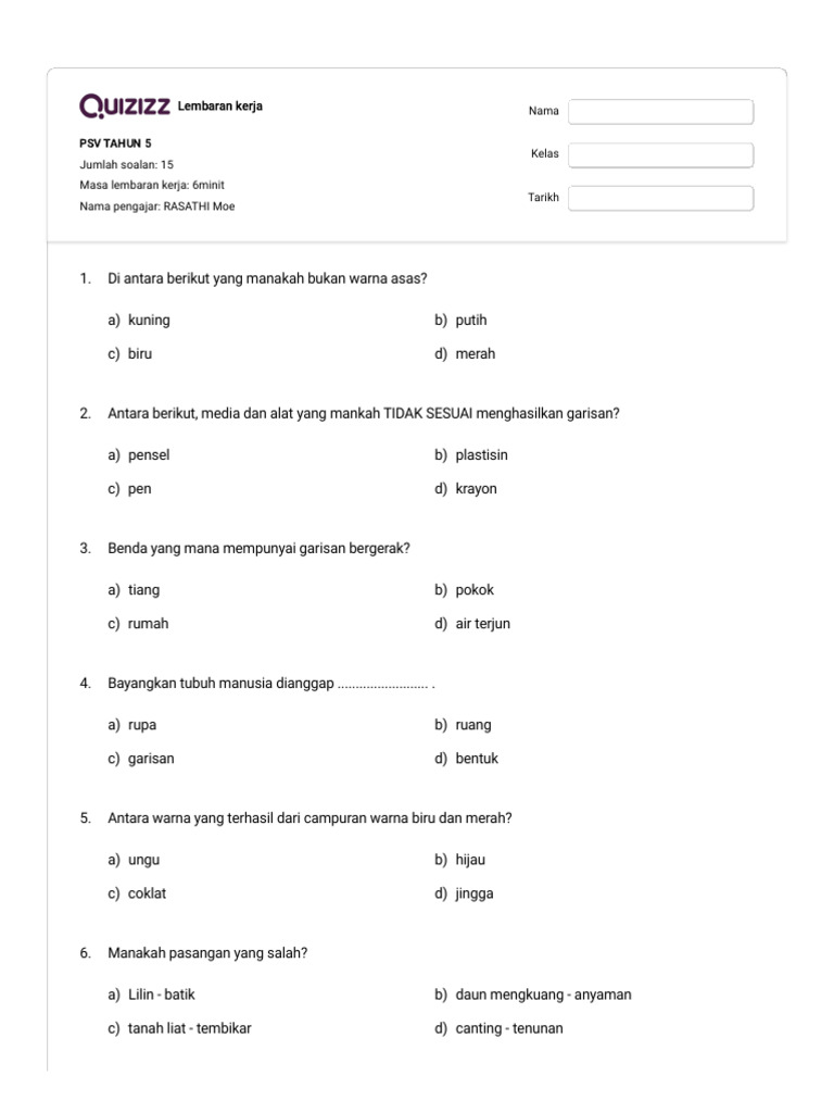 PSV TAHUN 5 - Quizizz | PDF