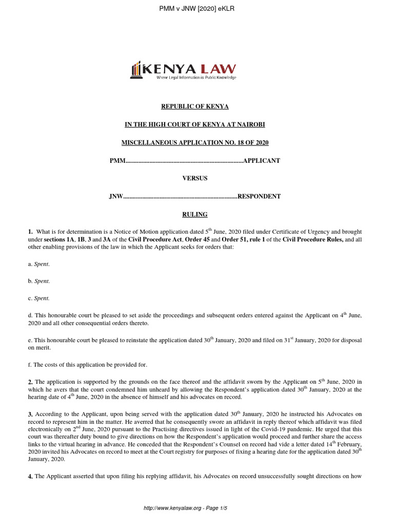 Kenyan High Court Ruling on PMM v JNW | PDF | Judgment (Law) | Affidavit