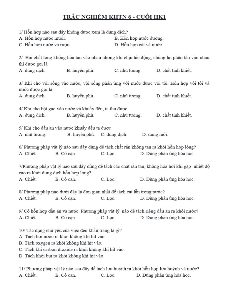 ĐỀ CƯƠNG KHTN 6 CUỐI HK1 | PDF