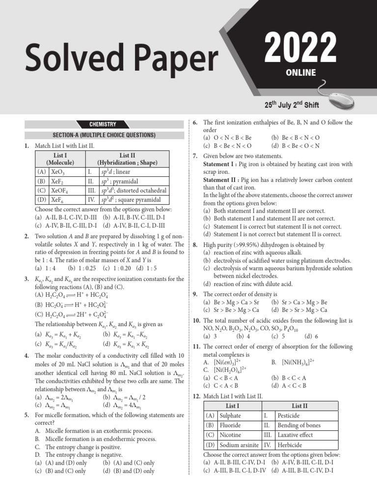 JEE Chemistry Solved Paper 2022 | PDF | Iron | Calcium