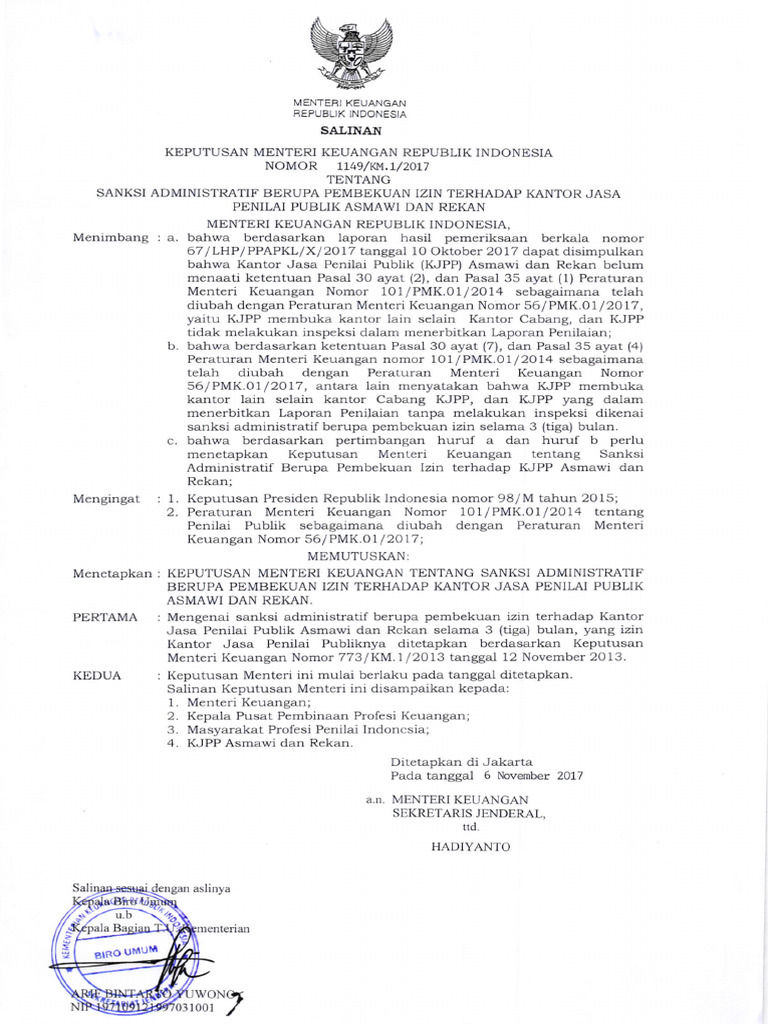 Sanksi KJPP Asmawi Dan Rekan Tahun 2017 | PDF
