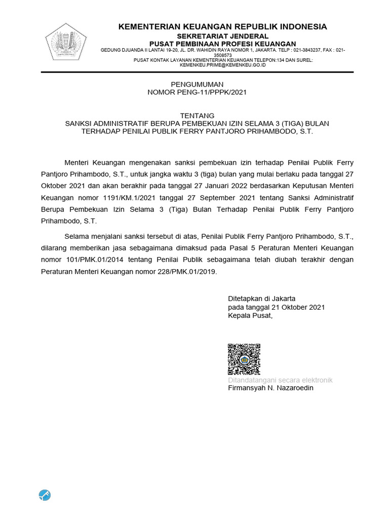 Sanksi Penilai Publik Ferry Pantjoro Prihambodo P-1.09.00162 Tahun 2021 ...