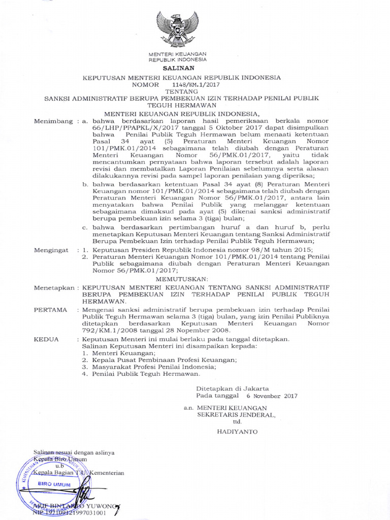 Sanksi Penilai Publik Teguh Hermawan P-1.08.00020 Tahun 2017 KJPP Teguh Hermawan Yusuf Dan Rekan ...