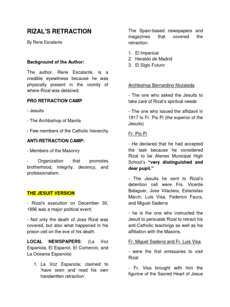RIZALS RETRACTION Reviewer | PDF