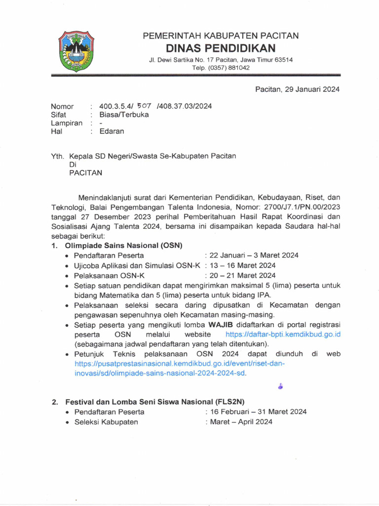 Edaran Ajang Talenta SD 2024 | PDF