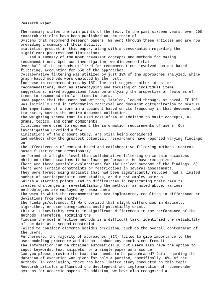 Research Paper Recommendation Systems Analysis | PDF | Information ...