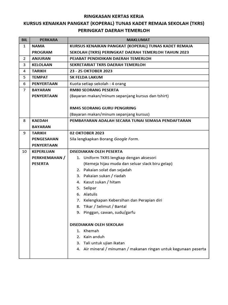Ringkasan Kertas Kerja Kursus TKRS 2023 | PDF