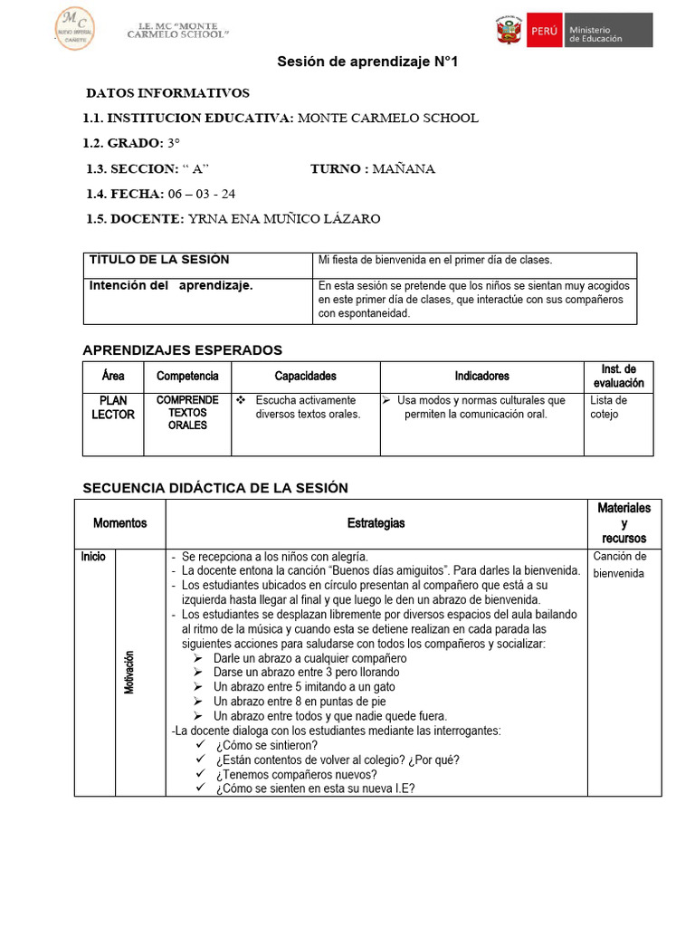 SESION PLAN LECTOR 3 | PDF | Maestros | Modificación de comportamiento