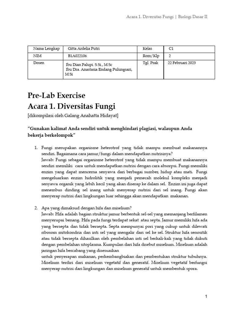 Pre-Lab Diversitas Fungi | PDF