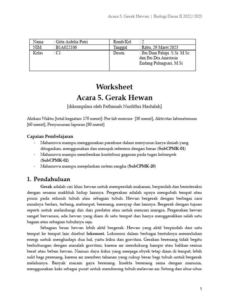 Gitta Ardelia Putri - Acara 5. Gerak Hewan - Worksheet | PDF